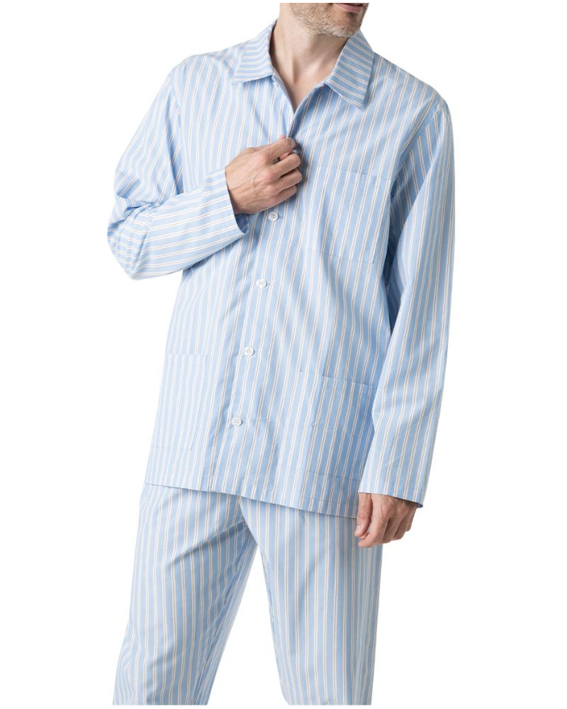 Pyjama long boutonné 100% Coton Eminence Popeline (Rayure ciel/camel)